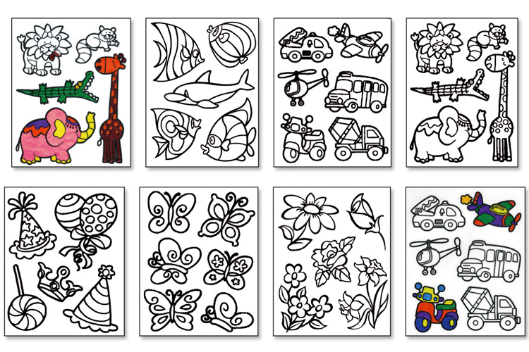 Set de 6 planches de motifs électrostatiques auto-collants à colorier