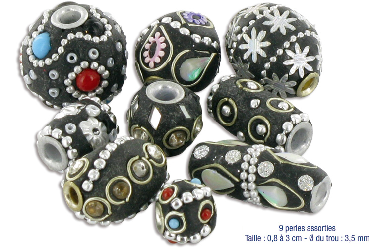 Set de perles artisanales indiennes en pâte polymère, avec incrustation ...