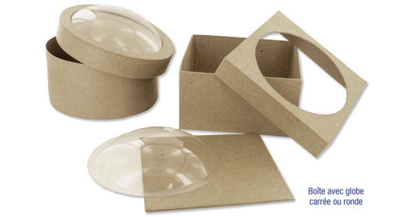 Boîtes en carton papier mâché, avec globe plastique transparent